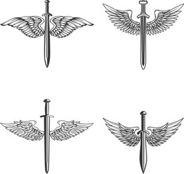 Set of emblems with medieval sword and wings Vector Image
