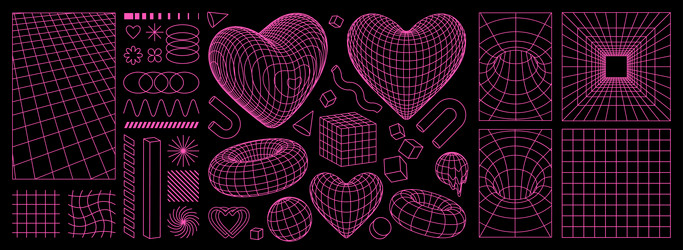 Geometry wireframe shapes and grids in neon pink Vector Image