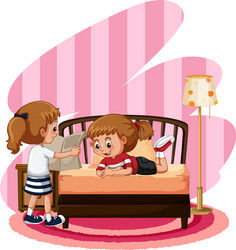 Two girls fighting in bedroom Royalty Free Vector Image