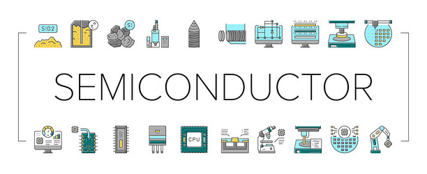 Semiconductor manufacturing plant icons set Vector Image