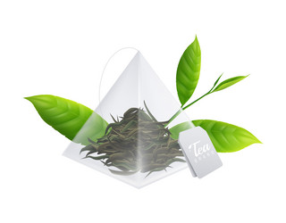 Realistic tea bag pyramid with leaves Royalty Free Vector