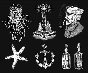 Nautical adventure set sea lighthouse marine Vector Image