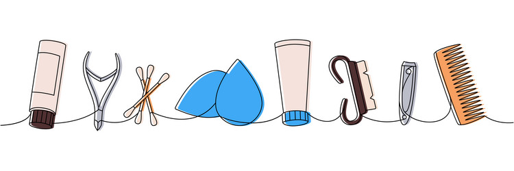 Makeup tools one line colored continuous drawing Vector Image