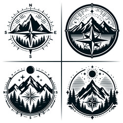 Compass with mountain scene silhouette file Vector Image