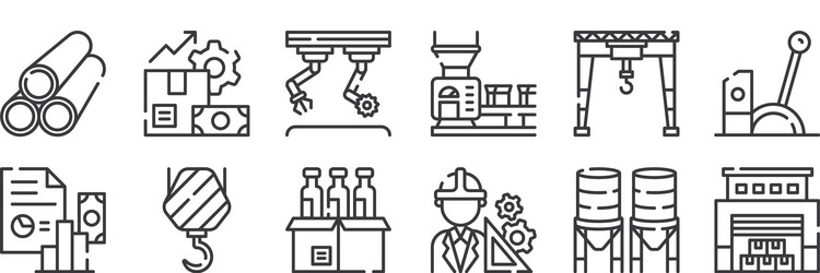 12 set linear industrial process icons thin Vector Image