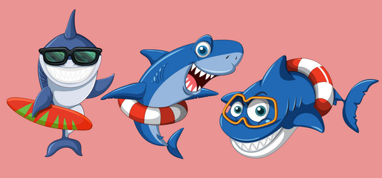 Set of summer shark cartoon character Royalty Free Vector