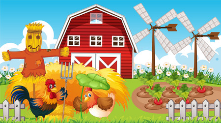 Background scene with red barn on farm Royalty Free Vector