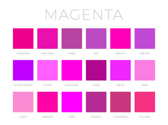 Magenta color palette chart with names Royalty Free Vector
