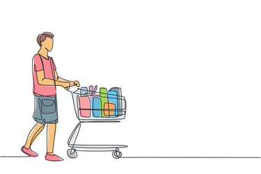 One single line drawing of happy female pushing Vector Image