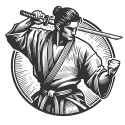 Bushido samurai with sword engraving Royalty Free Vector