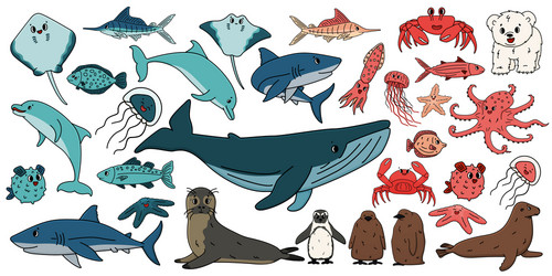 Big set cartoon outline isolated sea ocean Vector Image