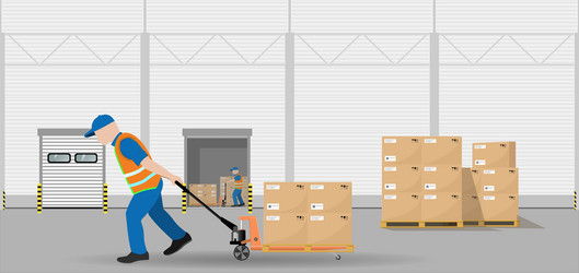 A hand pallet truck loader loads pallets Vector Image