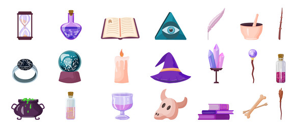 Cartoon magic items elements isolated icons set Vector Image