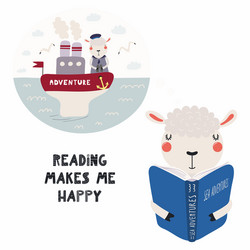 Cute funny sheep reading book Royalty Free Vector Image