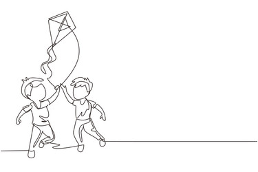 Continuous line drawing of two children playing Vector Image