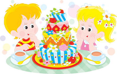 Happy small children with a fancy birthday cake Vector Image