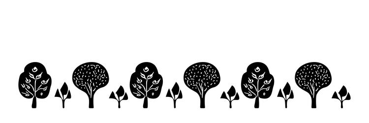 Quirky woodland tree scandi linocut border Vector Image