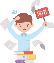Stress at work employee with help placard books Vector Image