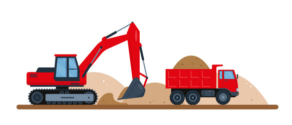 Heavy excavator loading soil on dump truck Vector Image