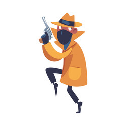 Man spy character in mustard coat and hat sneaking