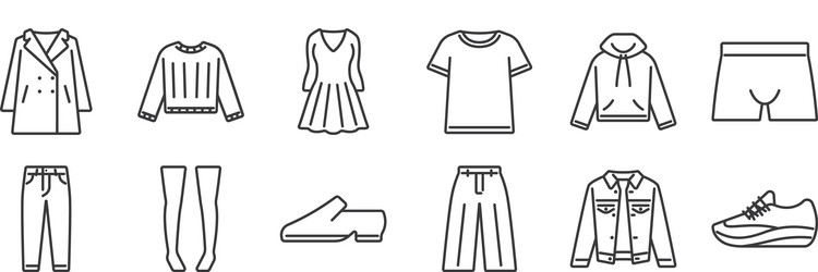 12 set linear clothes and outfit icons thin Vector Image