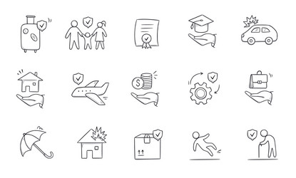 Insurance doodle icon set hand drawn sketch life Vector Image