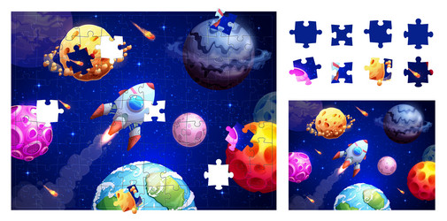 Cartoon space jigsaw puzzle game pieces riddle Vector Image