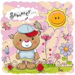 Teddy bear watching bees on daisy Royalty Free Vector Image