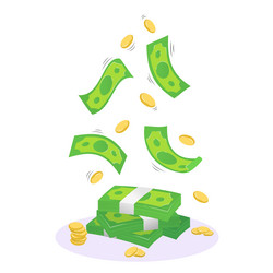 Falling green paper bills and gold coins 3d Vector Image
