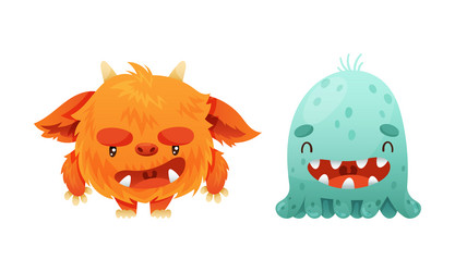 Cute blue and orange monster character as toothy Vector Image