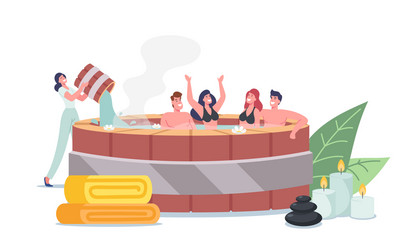 People characters enjoying outdoor thermal spring Vector Image