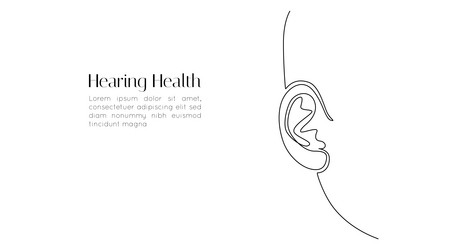 One continuous line drawing of human ear with hand