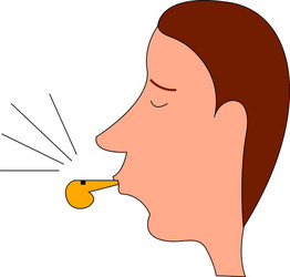 Boy blowing whistle with pursed lips in casual Vector Image