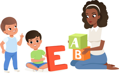 Young woman holding abc blocks and teaching kid Vector Image
