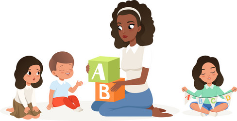 Young woman holding abc cards and teaching kid Vector Image
