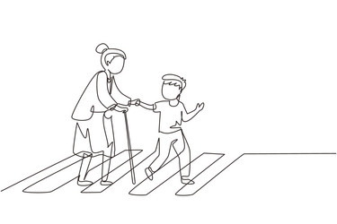 Single continuous line drawing polite boy help Vector Image