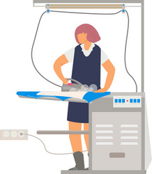 Laundry room scene with an old woman ironing her Vector Image