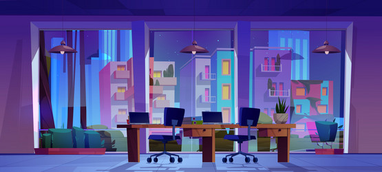 Office interior with computers at night Royalty Free Vector