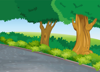 Cartoon of forest scene with dirt road Royalty Free Vector