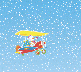 Snowman with gifts flying on a toy plane Vector Image