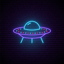 Neon ufo signboard bright glowing flying saucer Vector Image