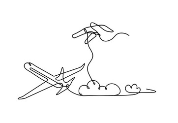 Abstract plane with hand as line drawing on white Vector Image