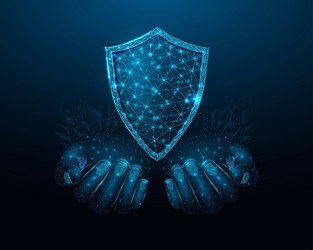 Two human hands hold a shield wireframe glowing Vector Image