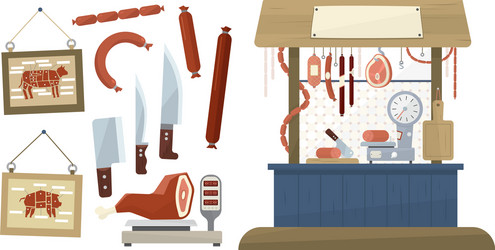 Meat market stand cartoon butcher store counter Vector Image