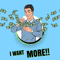 Pop art rich man throwing dollar banknotes Vector Image