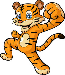 Funny tiger cartoon pointing both fingers Vector Image