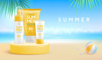 Summer background with 3d stage and sunscreen Vector Image
