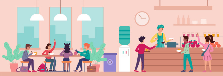 Children eat in school cafe cafeteria interior Vector Image