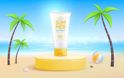 Summer background with 3d stage and sunscreen Vector Image