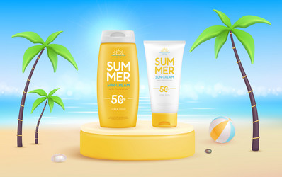 Summer background with 3d sunscreen tubes Vector Image